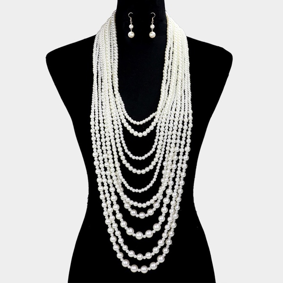 Jewelry | Cream Colored Pearl Multi Layered Long Gold Accent Necklace ...